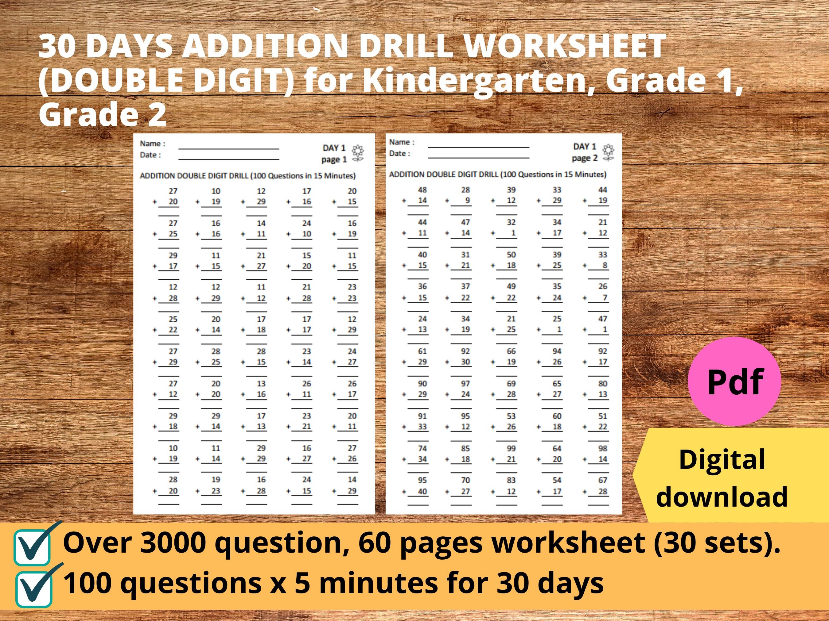 30 Days Addition Drill Double Digit Math Printable Worksheet for ...