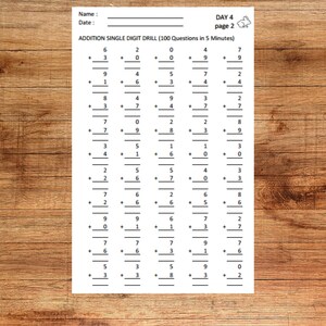 30 Days Addition Drill Single Digit Math Printable Worksheet for ...