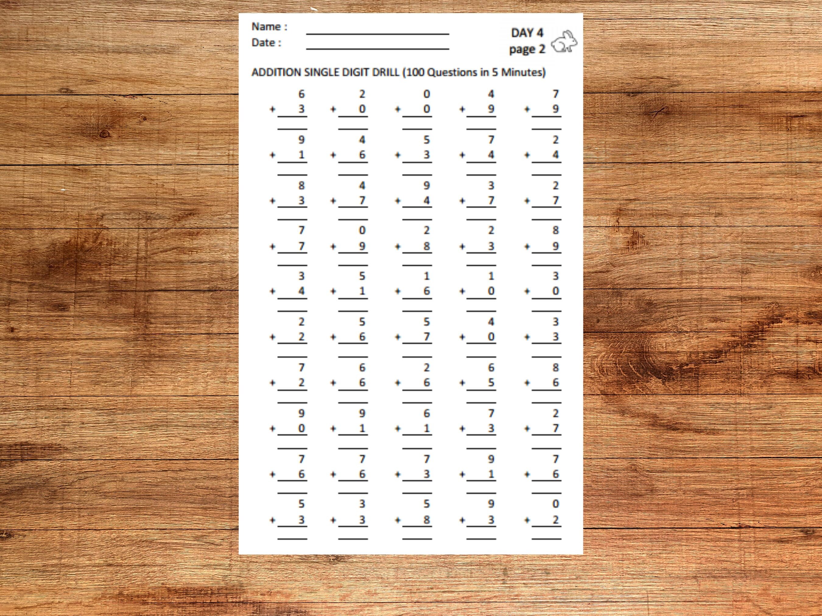 30 Days Addition Drill Single Digit Math Printable Worksheet for ...