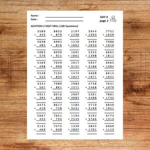 30 Days Addition Drill 4 Digit Until 10,000 Thousand Math Printable ...