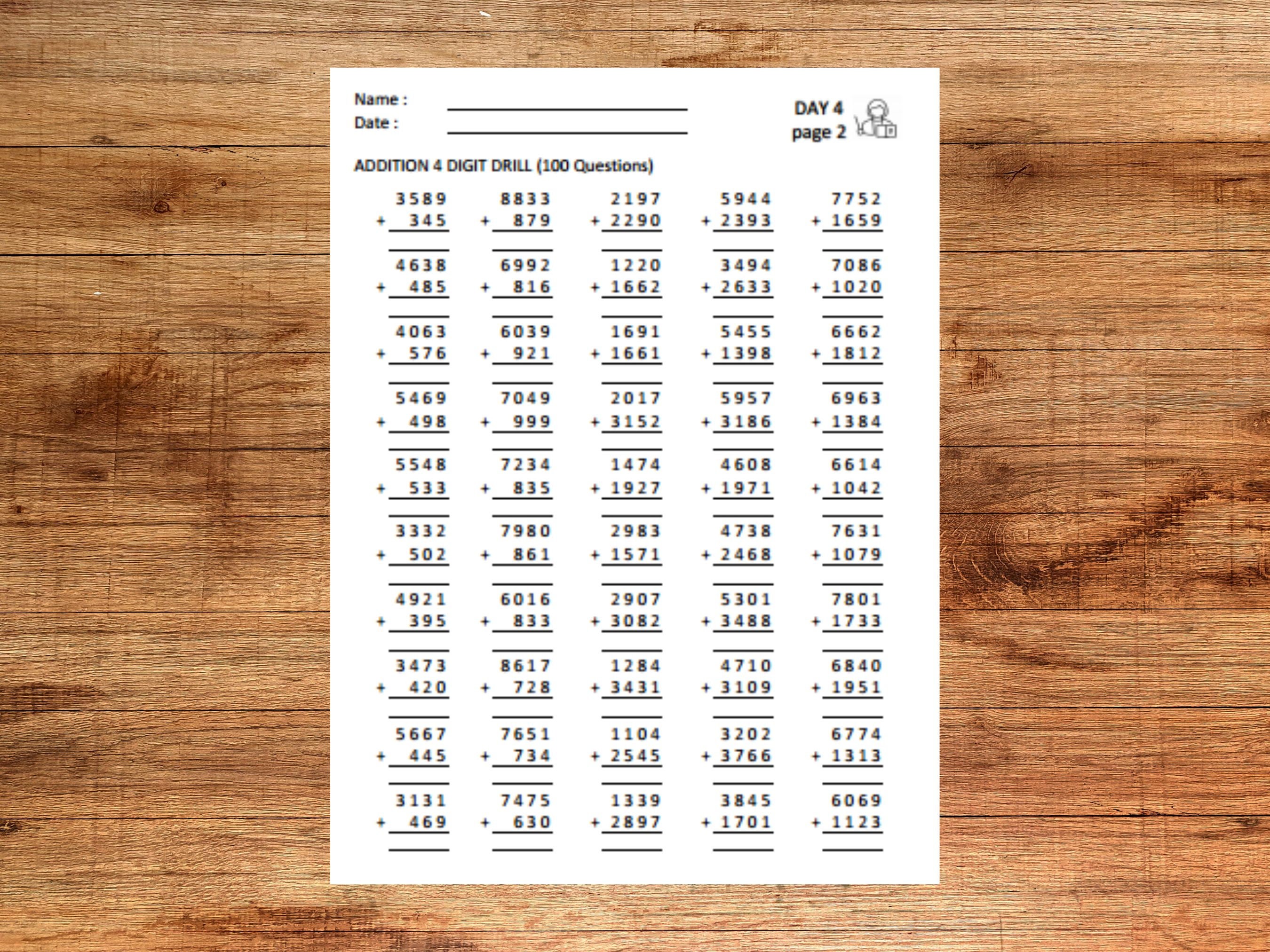 30 Days Addition Drill 4 Digit Until 10,000 Thousand Math Printable ...