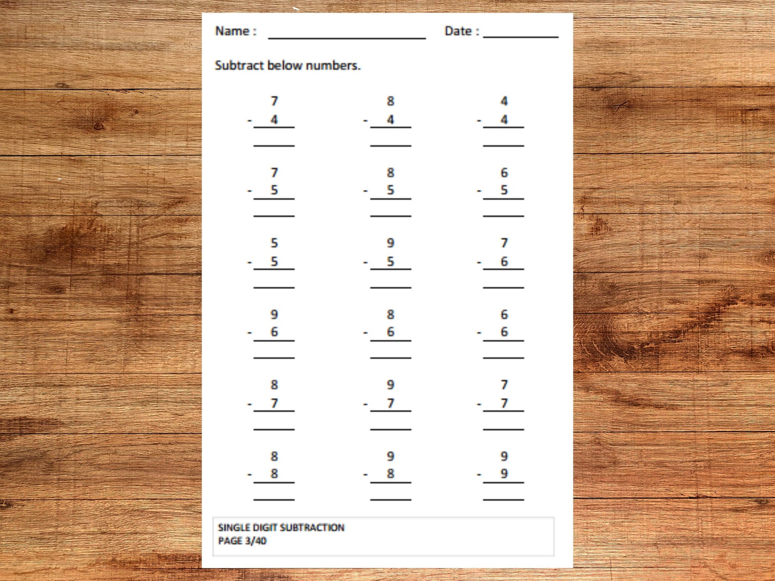 Subtraction Math Printable Worksheet With Single, Double and Triple ...