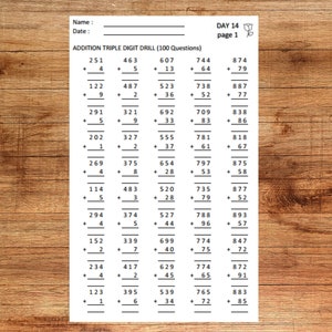 30 Days Addition Drill 3 Digit Until 1,000 (hundred) Math Printable ...