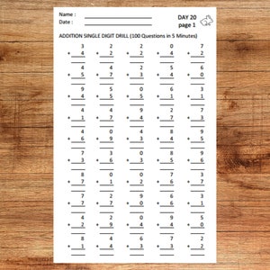 30 Days Addition Drill Single Digit Math Printable Worksheet for ...