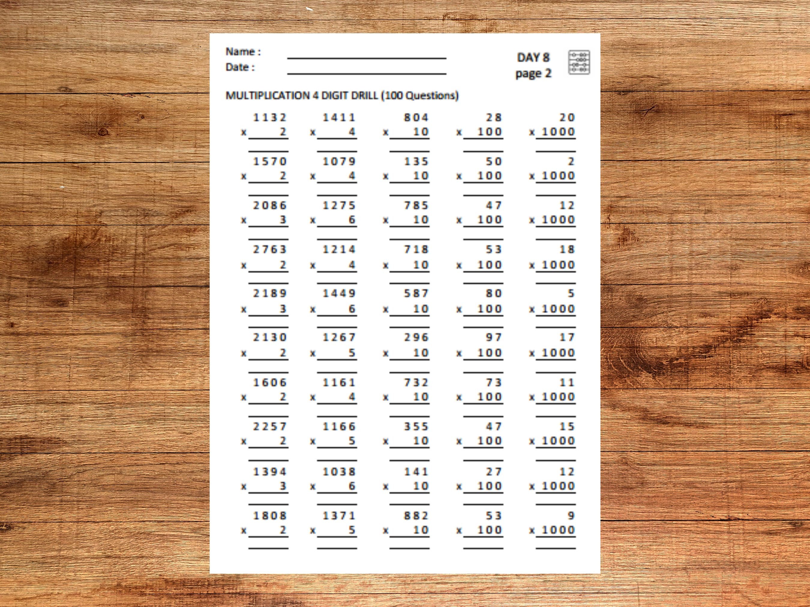 30 Days Multiplication Drill 4 Digits Math Printable Worksheet for ...