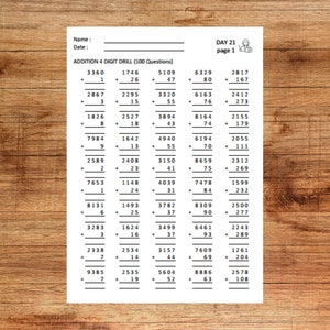 30 Days Addition Drill 4 Digit Until 10,000 Thousand Math Printable ...