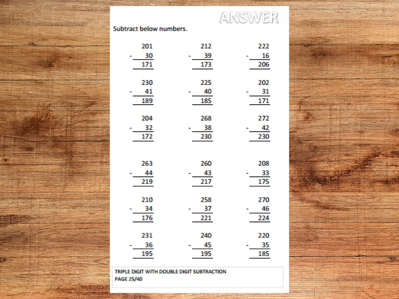 Subtraction Math Printable Worksheet With Single, Double and Triple ...
