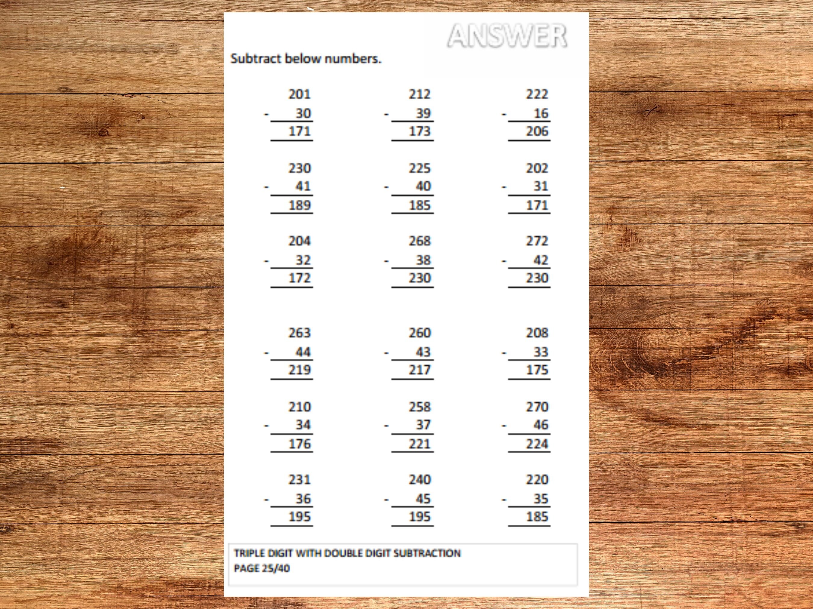 Subtraction Math Printable Worksheet With Single, Double and Triple ...