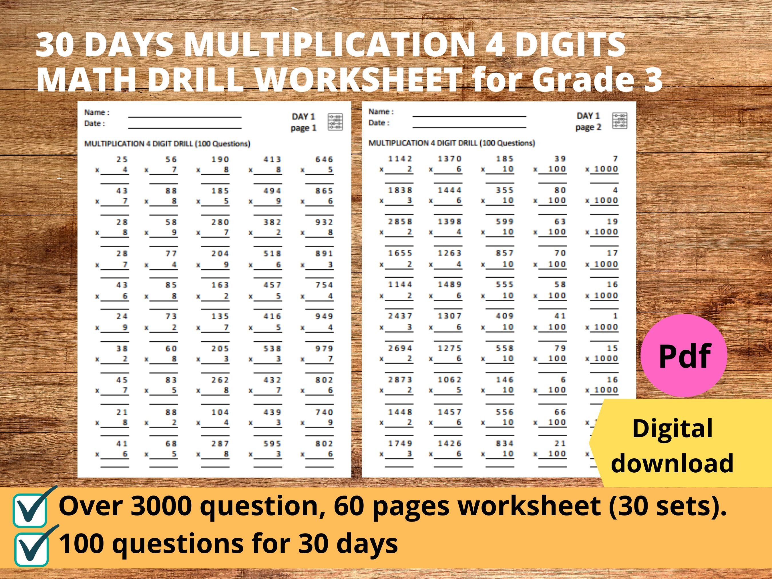 30 Days Multiplication Drill 4 Digits Math Printable Worksheet for ...