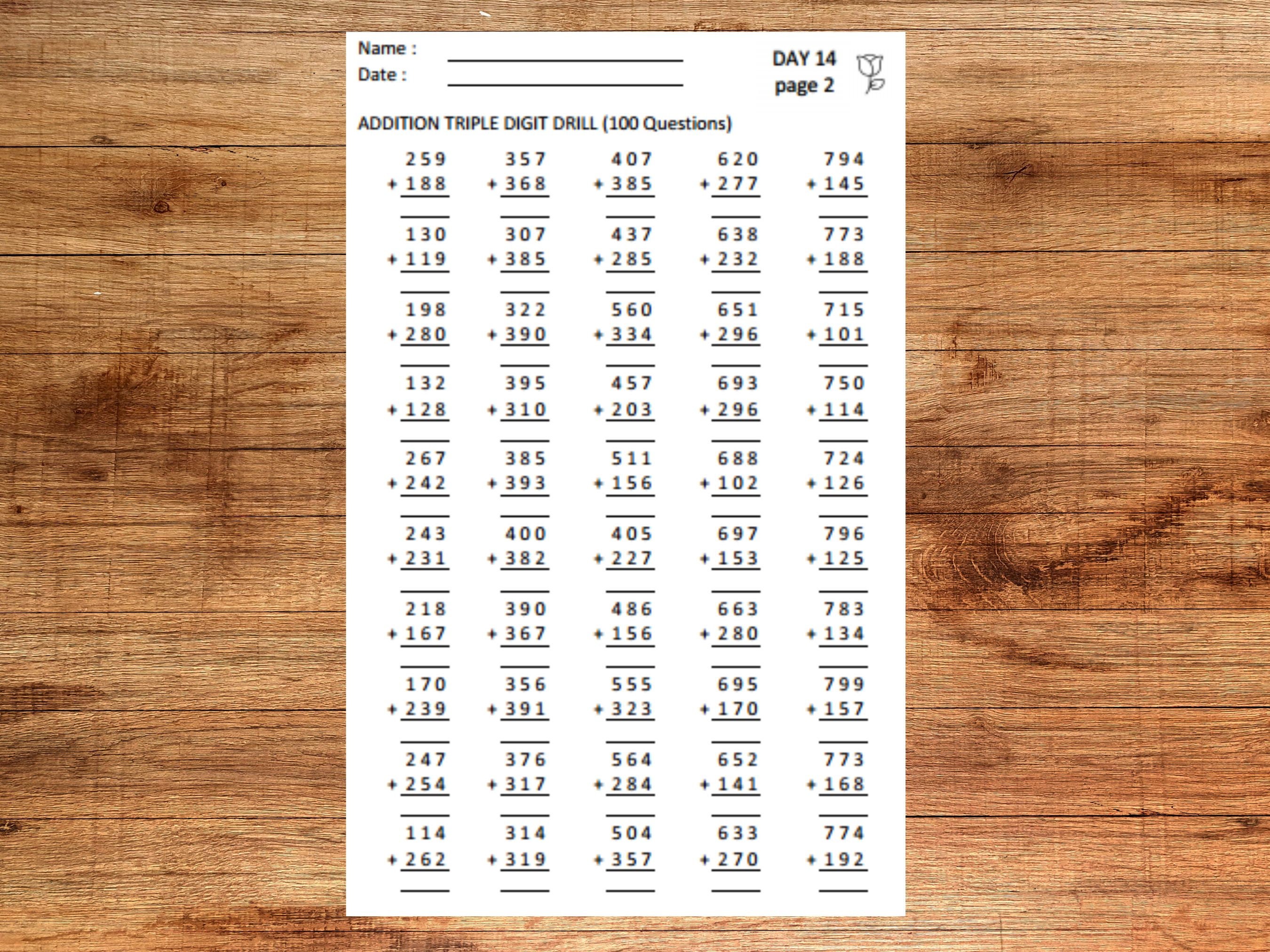 30 Days Addition Drill 3 Digit Until 1,000 (hundred) Math Printable ...