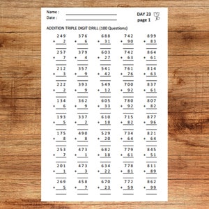 30 Days Addition Drill 3 Digit Until 1,000 (hundred) Math Printable ...