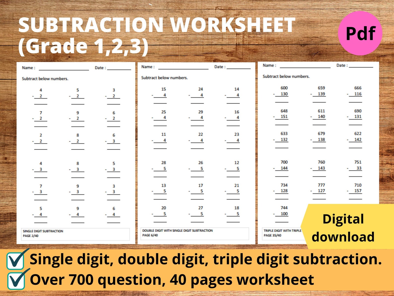 Subtraction Math Printable Worksheet With Single, Double and Triple ...