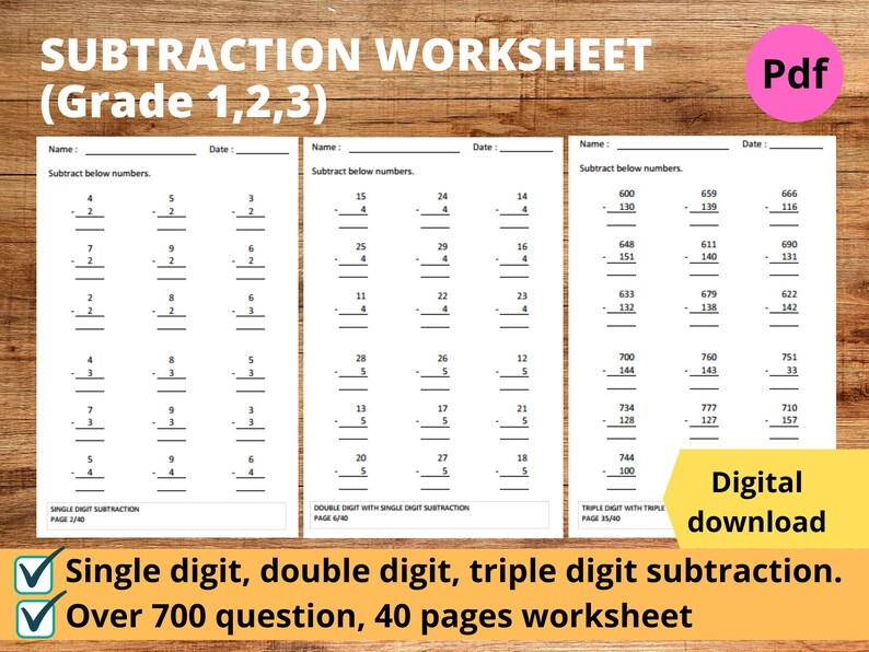 Subtraction Math Printable Worksheet With Single, Double and Triple ...
