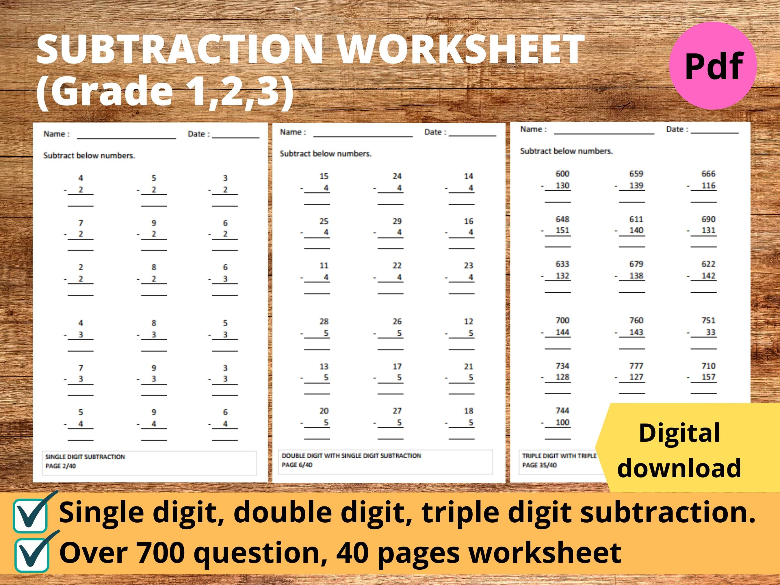 Subtraction Math Printable Worksheet With Single, Double and Triple ...