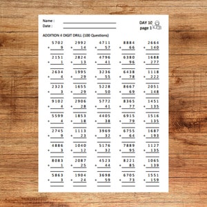 30 Days Addition Drill 4 Digit Until 10,000 Thousand Math Printable ...