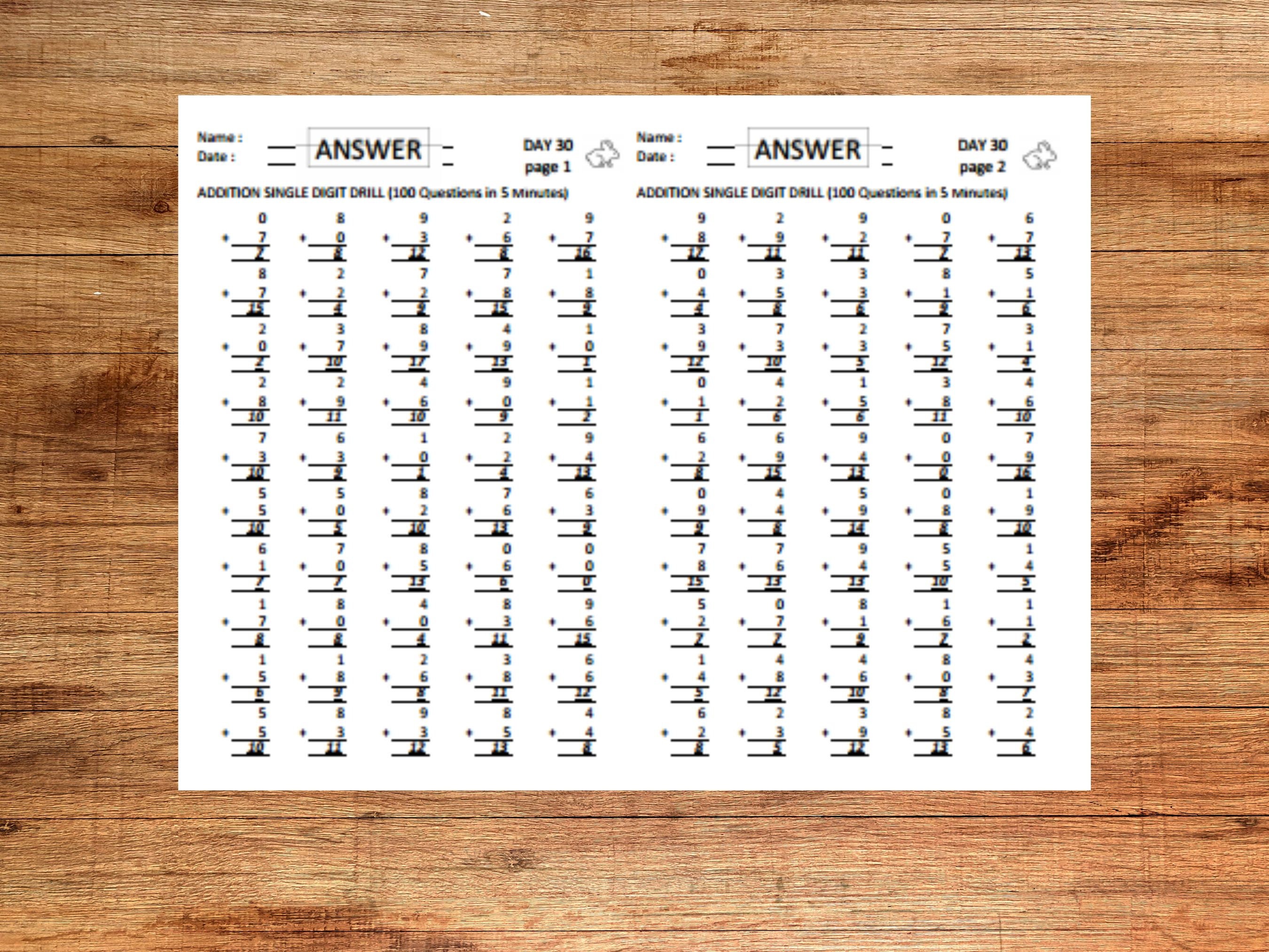 30 Days Addition Drill Single Digit Math Printable Worksheet for ...