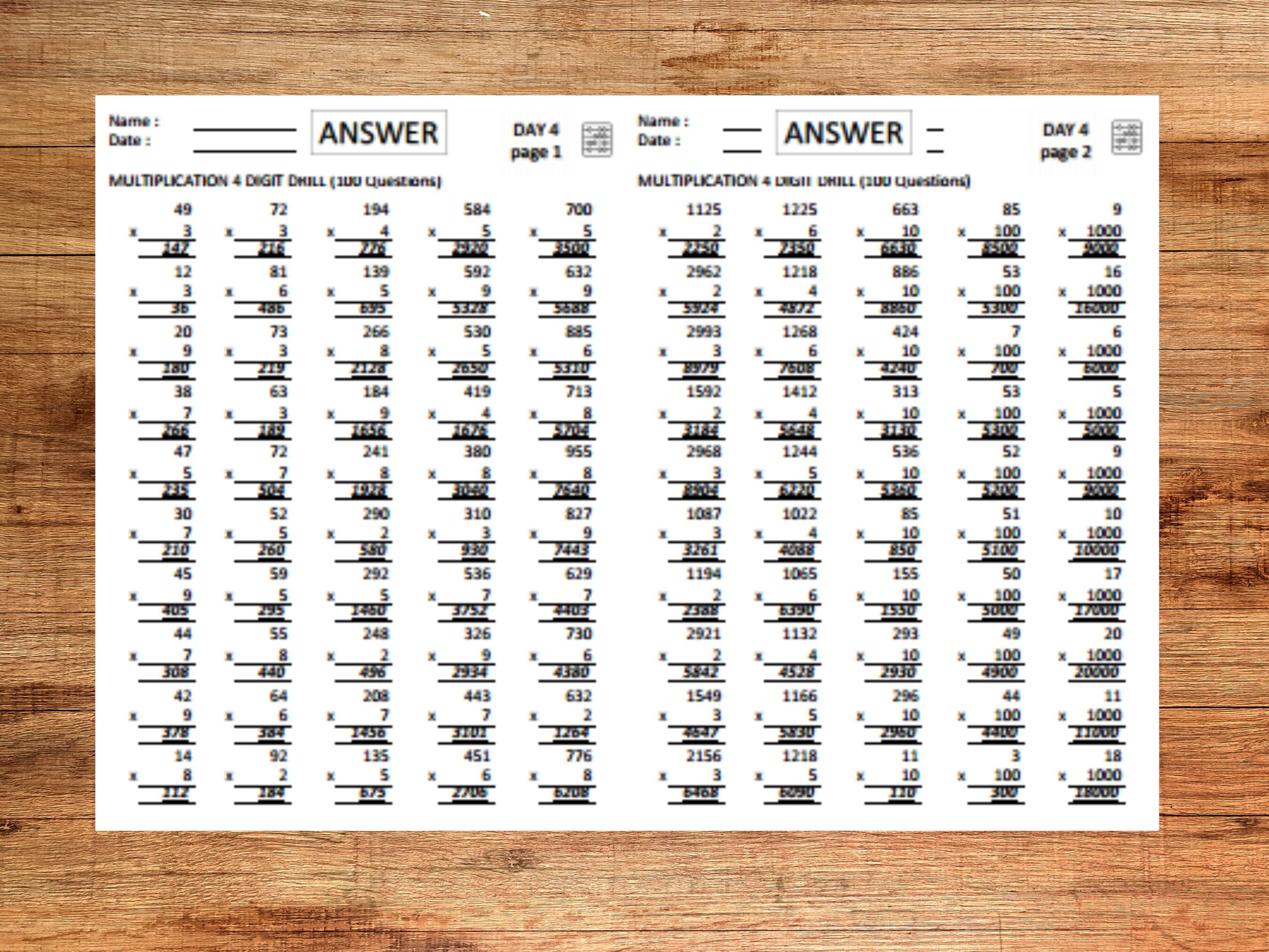 30 Days Multiplication Drill 4 Digits Math Printable Worksheet for ...