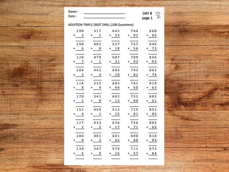 30 Days Addition Drill 3 Digit Until 1,000 (hundred) Math Printable ...