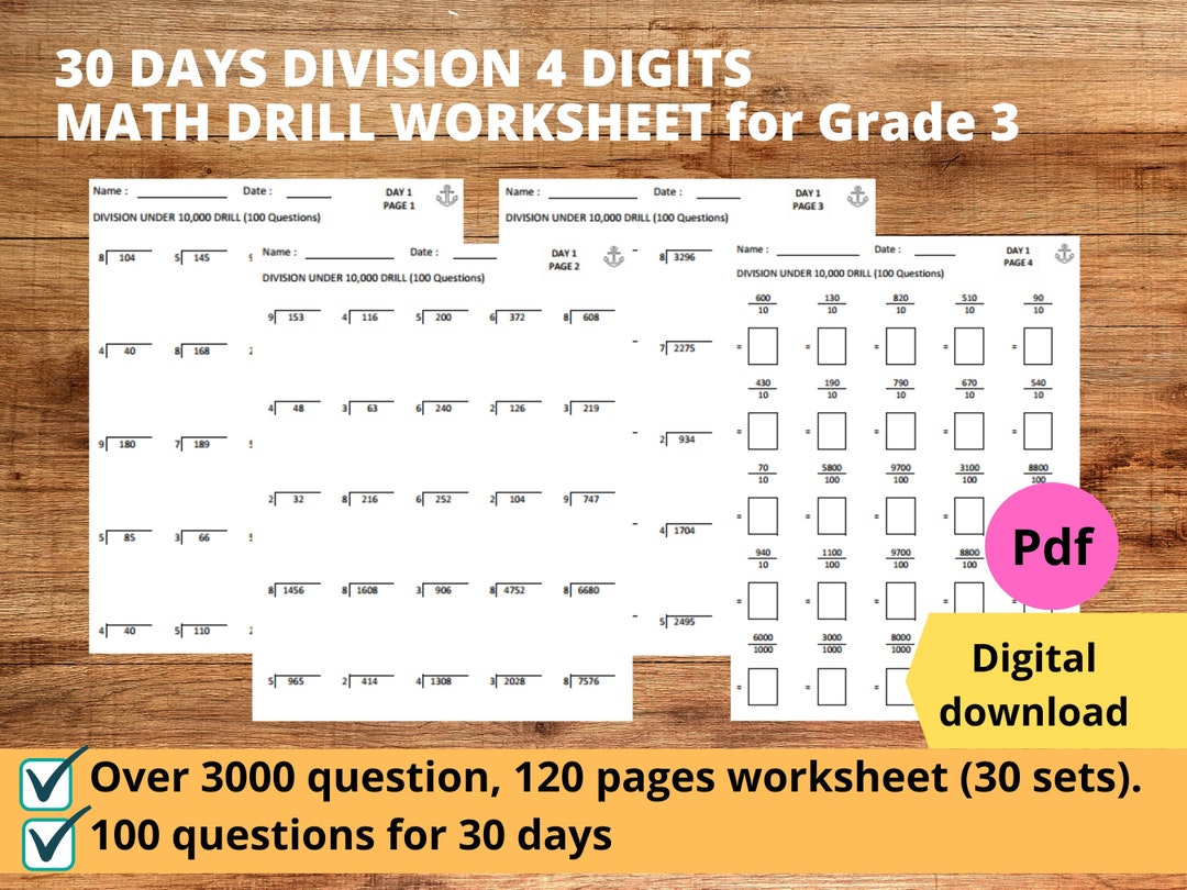 30 Days Division Drill 4 Digits Math Printable Worksheet for Grade 3 ...