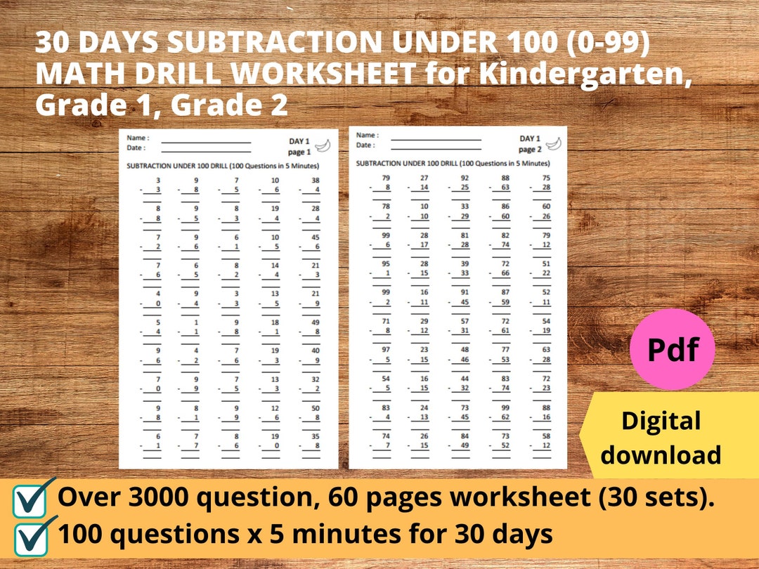 30 Days Subtraction Under 100 (0-99) Math Drill Printable Worksheet for ...