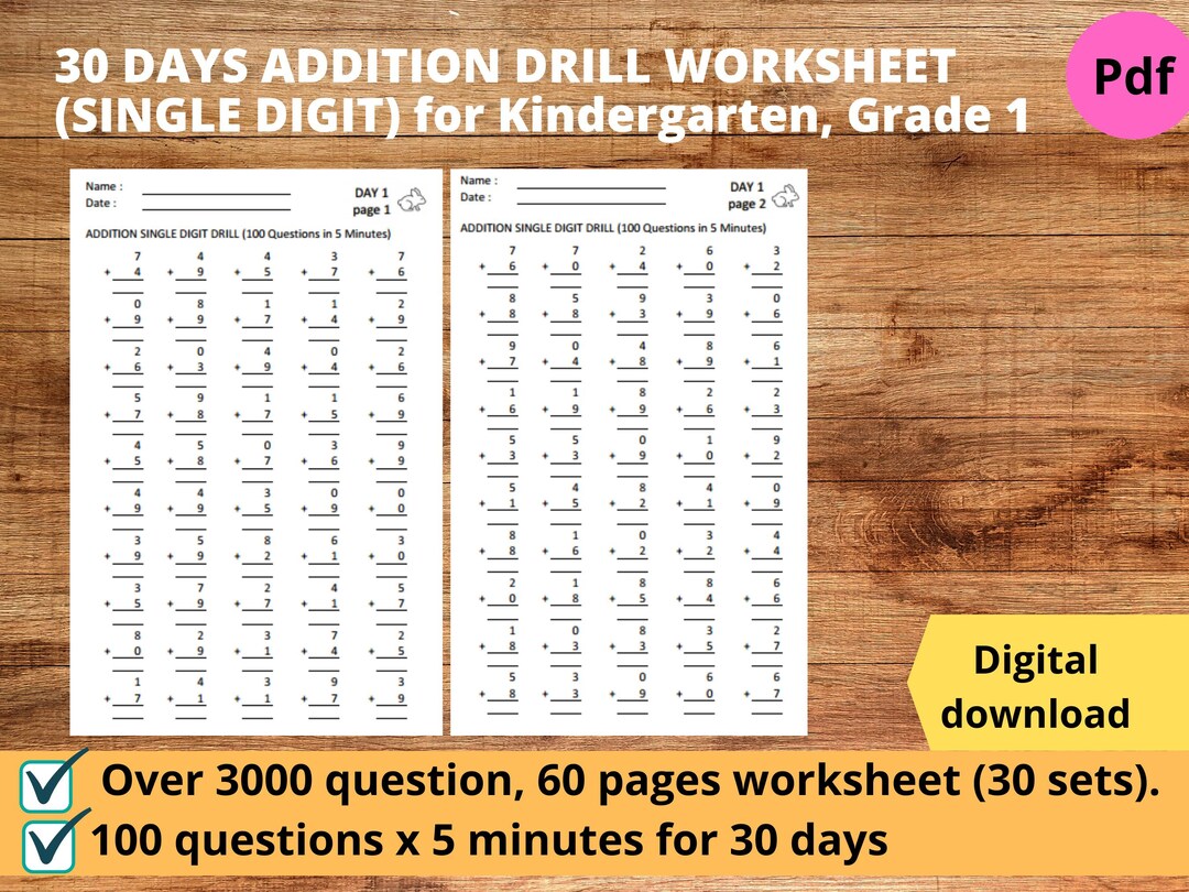 30 Days Addition Drill Single Digit Math Printable Worksheet for ...