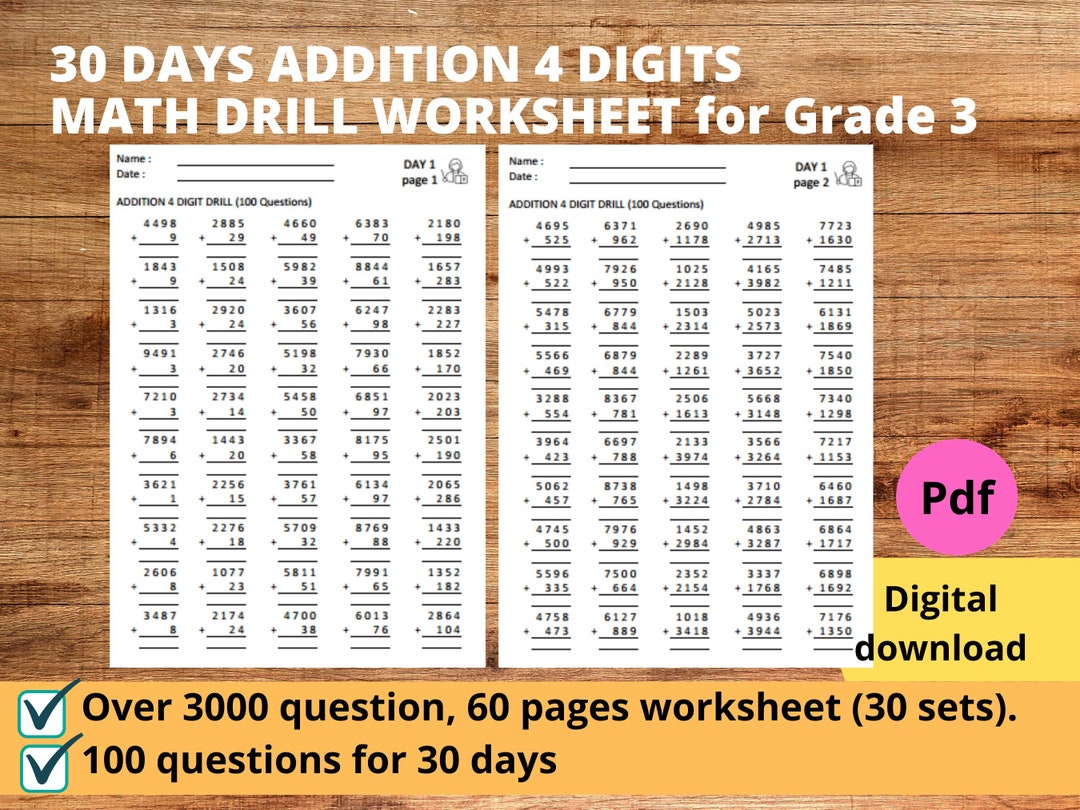 30 Days Addition Drill 4 Digit Until 10,000 Thousand Math Printable ...