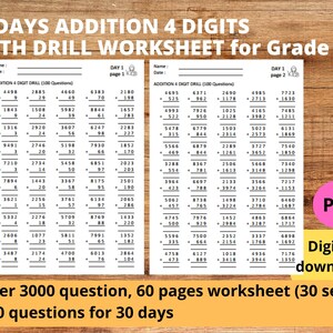 30 Days Addition Drill 4 Digit Until 10,000 Thousand Math Printable ...