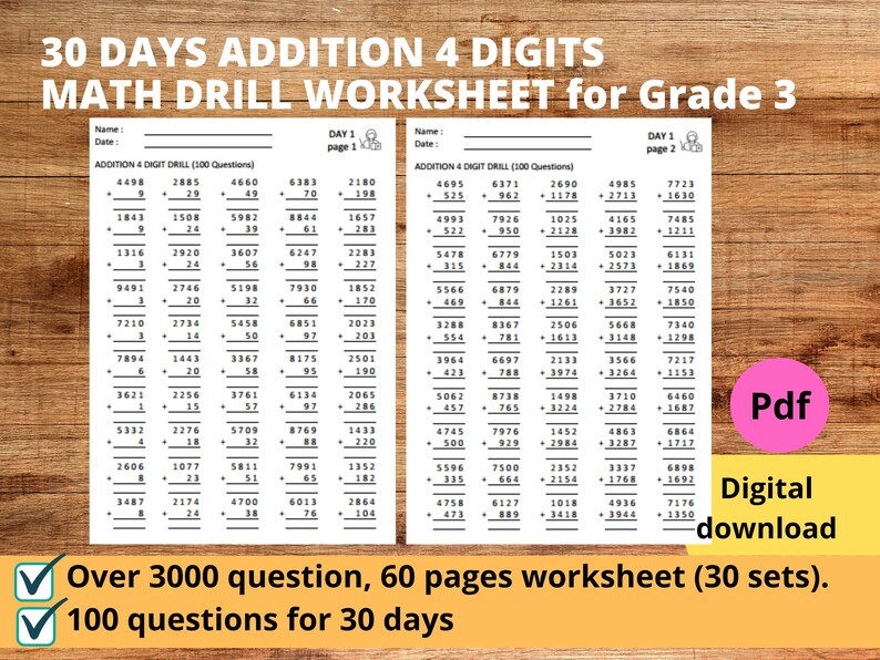 30 Days Addition Drill 4 Digit Until 10,000 Thousand Math Printable ...