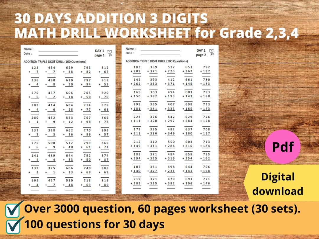 30 Days Addition Drill 3 Digit Until 1,000 (hundred) Math Printable ...