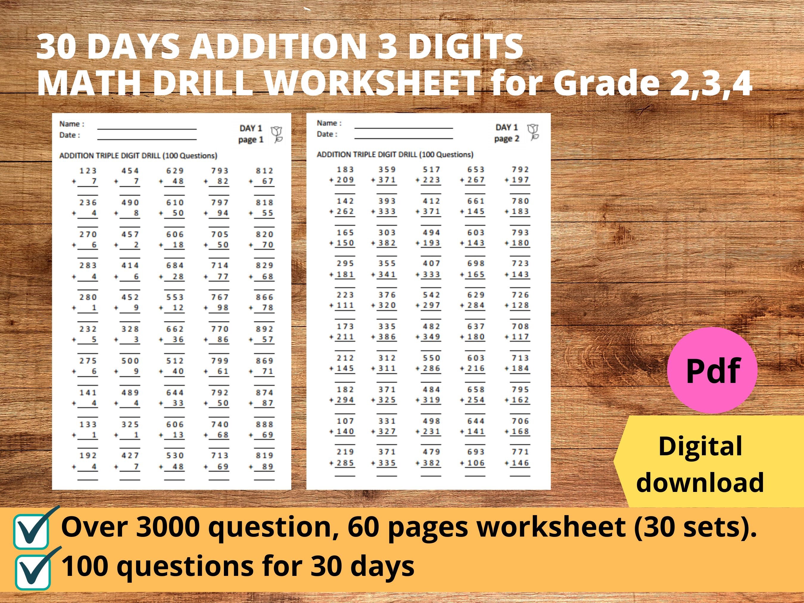 30 Days Addition Drill 3 Digit Until 1,000 (hundred) Math Printable ...