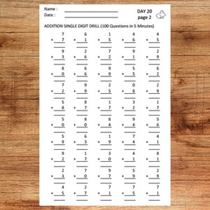 30 Days Addition Drill Single Digit Math Printable Worksheet for ...