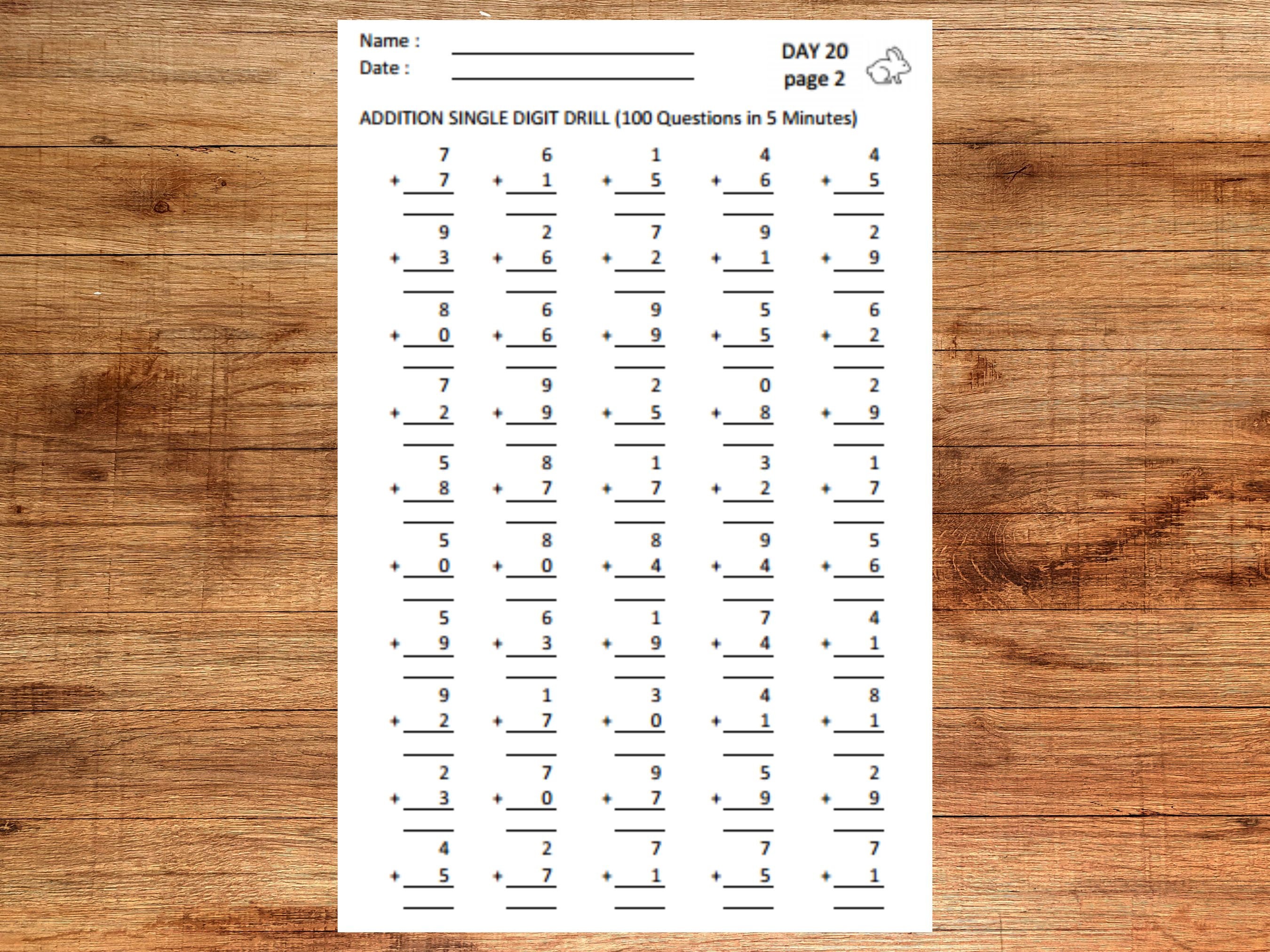 30 Days Addition Drill Single Digit Math Printable Worksheet for ...
