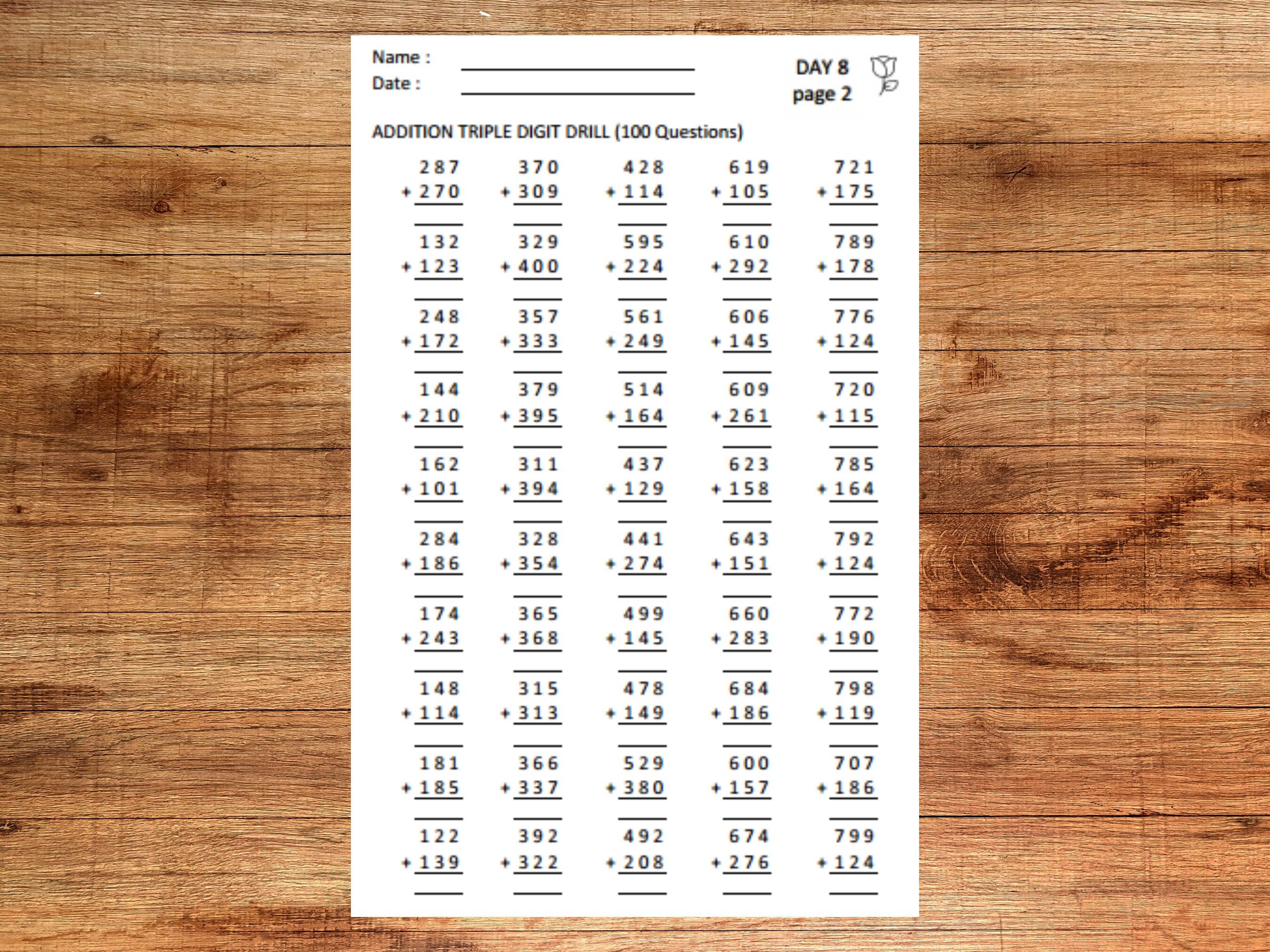 30 Days Addition Drill 3 Digit Until 1,000 (hundred) Math Printable ...
