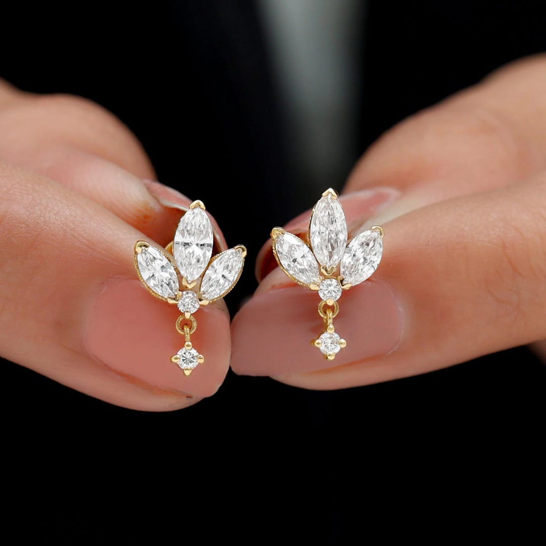 14K Gold Diamond Lotus Flower Piercing, Crown Dangle Earring/helix ...