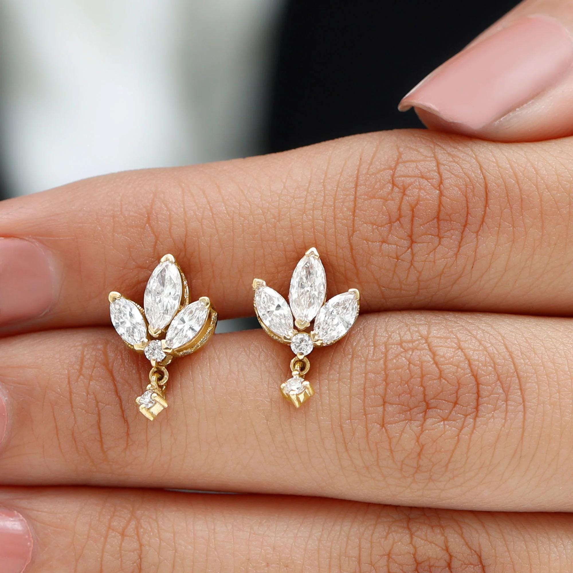 14K Gold Diamond Lotus Flower Piercing, Crown Dangle Earring/helix ...