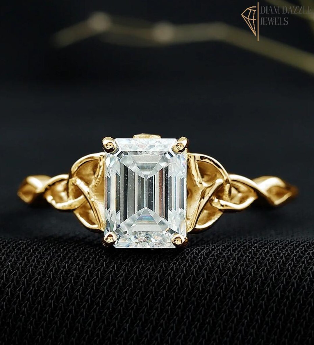 Vintage 14k Gold Celtic Knot Engagement Ring, IGI Certified Emerald Cut ...