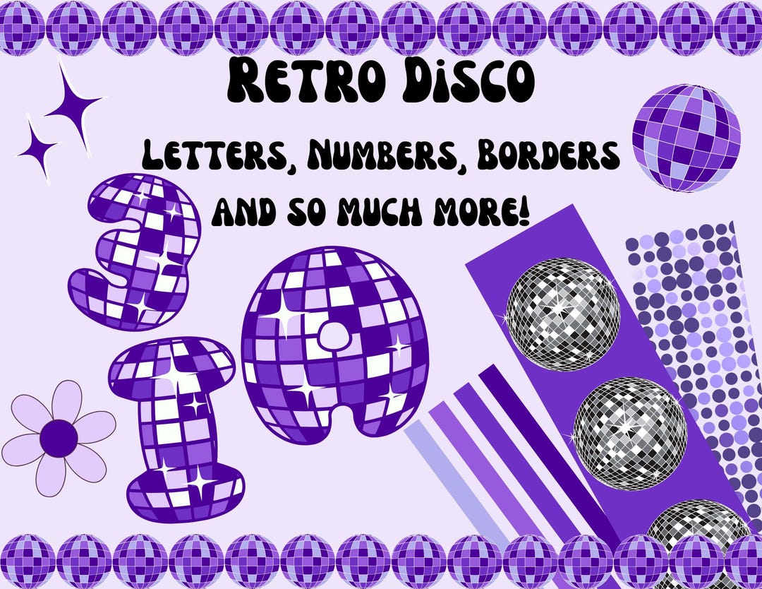 Purple Disco Ball Clip Art: Retro Letters, Numbers, Borders (digital ...