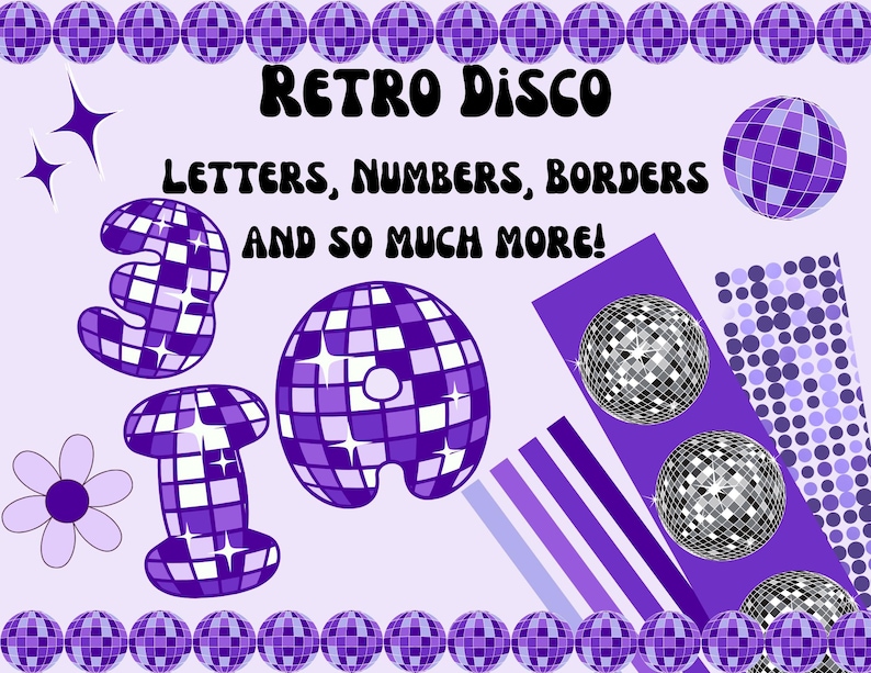 Purple Disco Ball Clip Art: Retro Letters, Numbers, Borders (digital ...