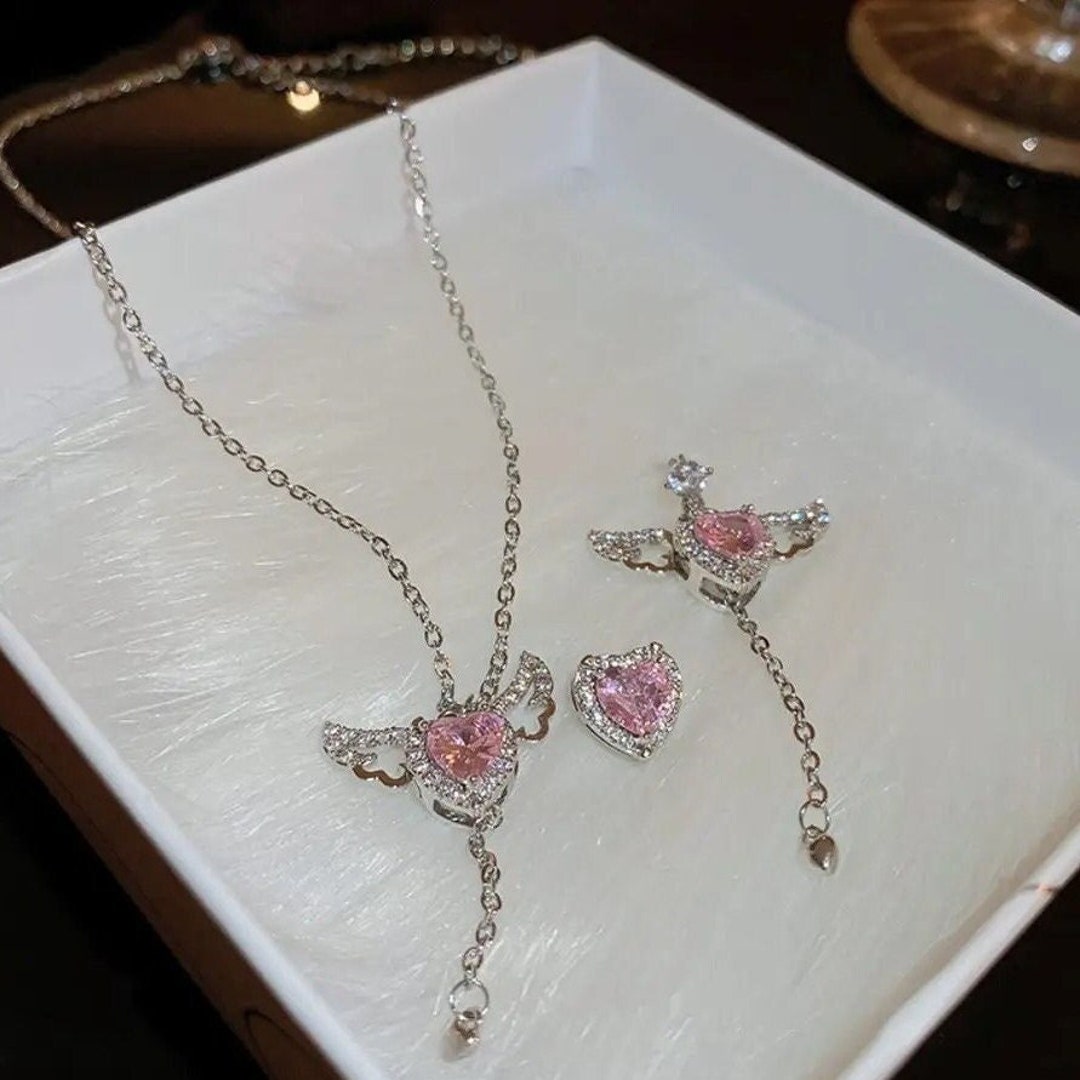 Cupid Necklace & Earring Set | Angel Wing | Crystal Heart Necklace ...