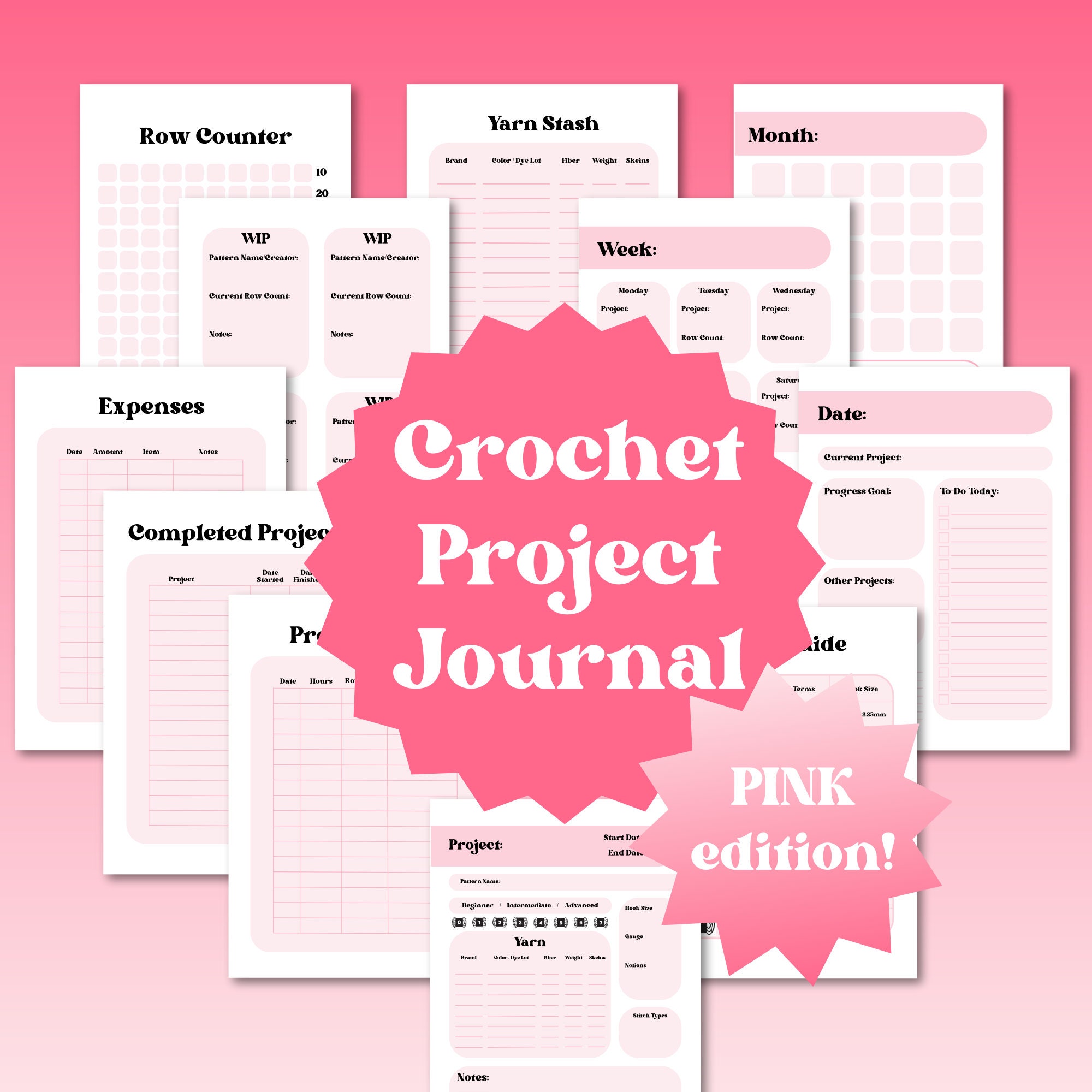Digital Download Crochet Project Journal - Pink Edition | Crochet ...