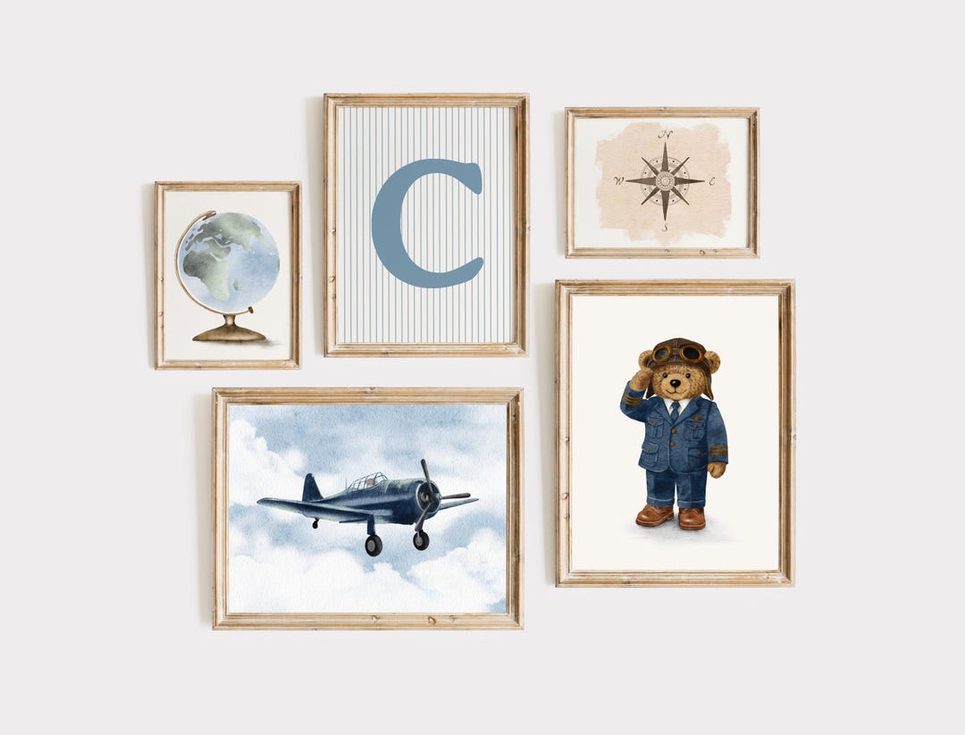Vintage Aviation Teddy Bear Set of 5 Prints, Blue Custom Letter Print ...