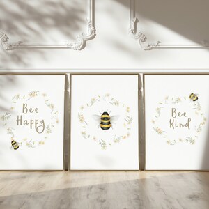 Bee Happy, Bee Kind Art Prints, Set of 3 Bumblebee Wall Art, Bee Decor ...