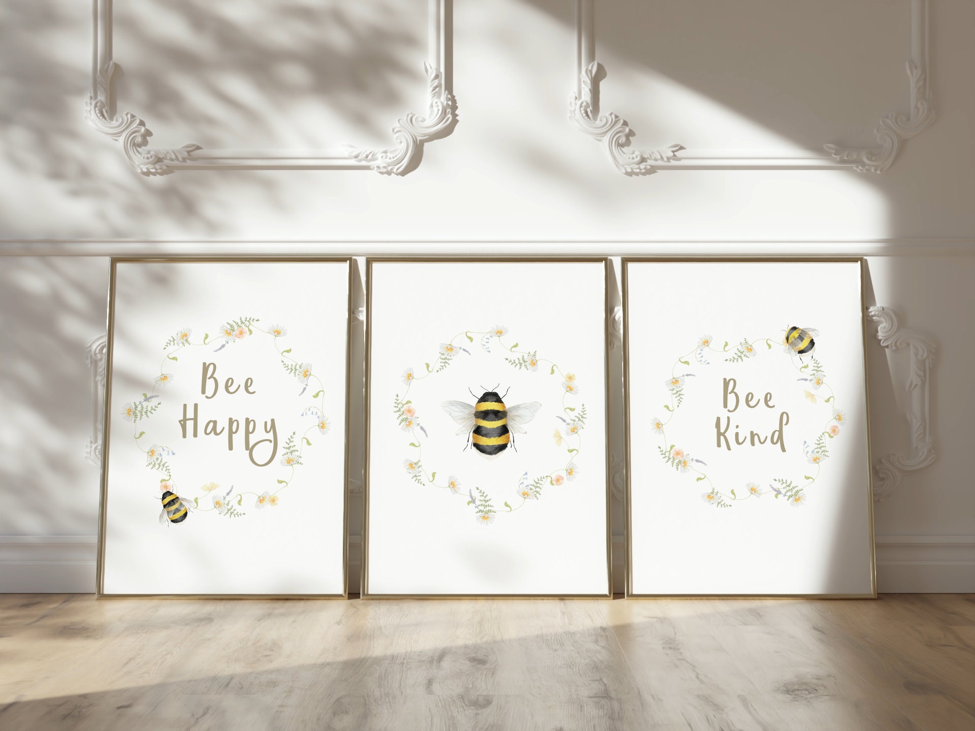 Bee Happy, Bee Kind Art Prints, Set of 3 Bumblebee Wall Art, Bee Decor ...
