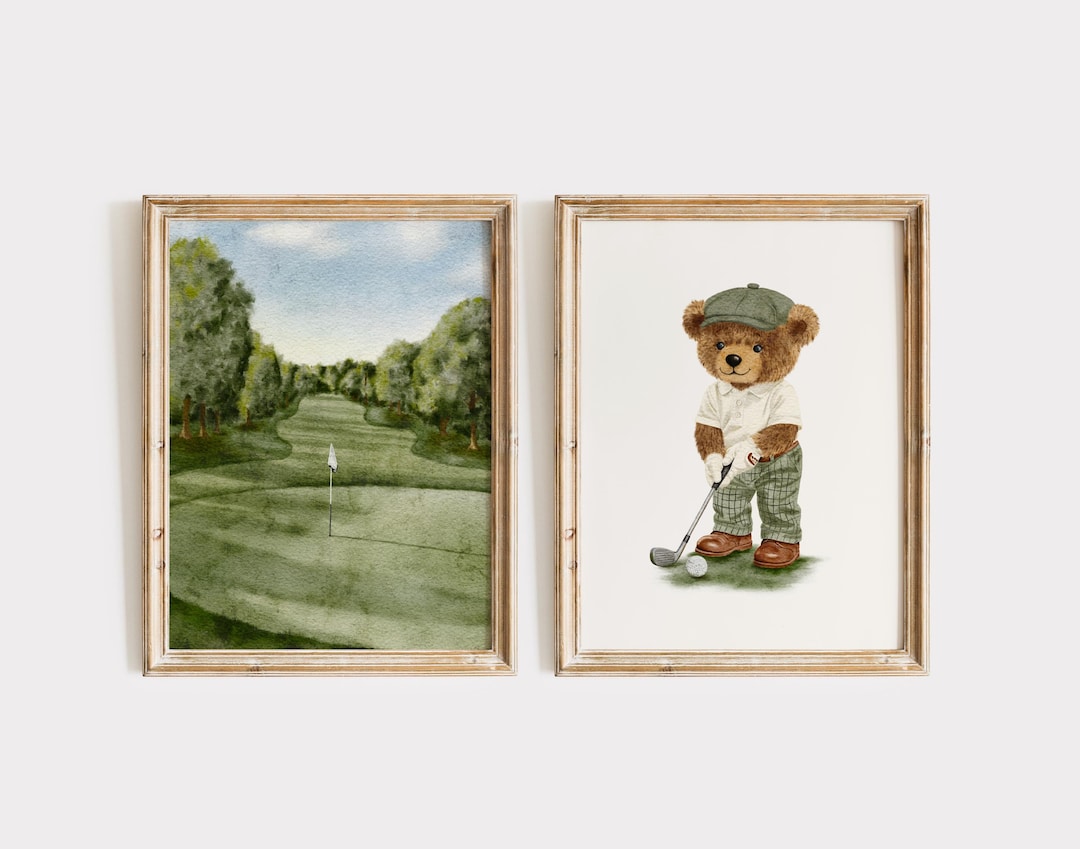 Golf Scenery and Vintage Teddy Bear Set of 2 Prints, Golf Wall Art ...