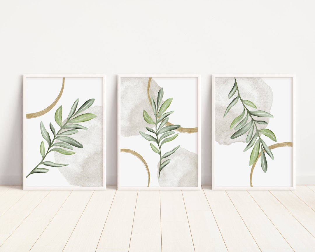 Set of 3 Olive Branch Prints, Abstract Wall Art, Sage Green and Beige ...