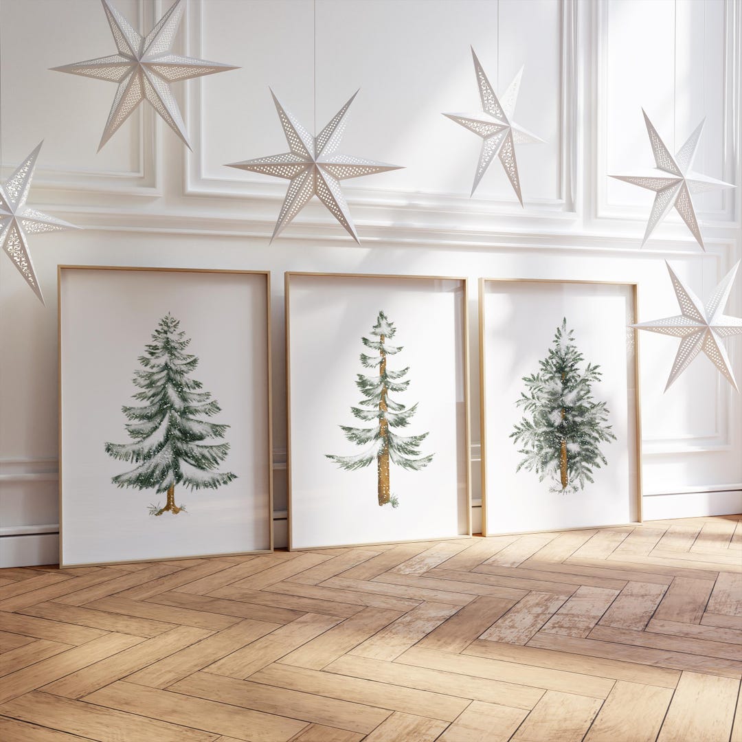 Set of 3 Snowy Winter Pine Tree Prints, Pine Tree Wall Art, Green ...