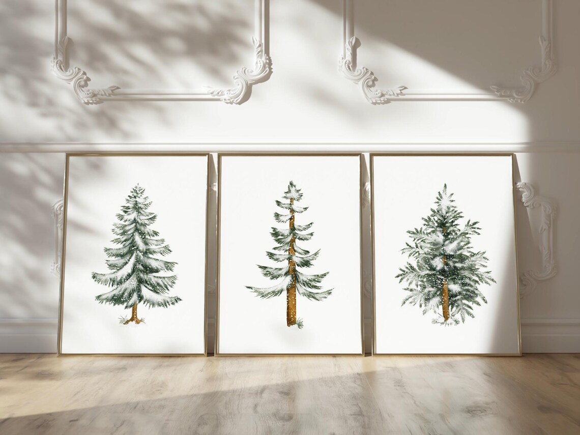 Set of 3 Snowy Winter Pine Tree Prints, Pine Tree Wall Art, Green ...