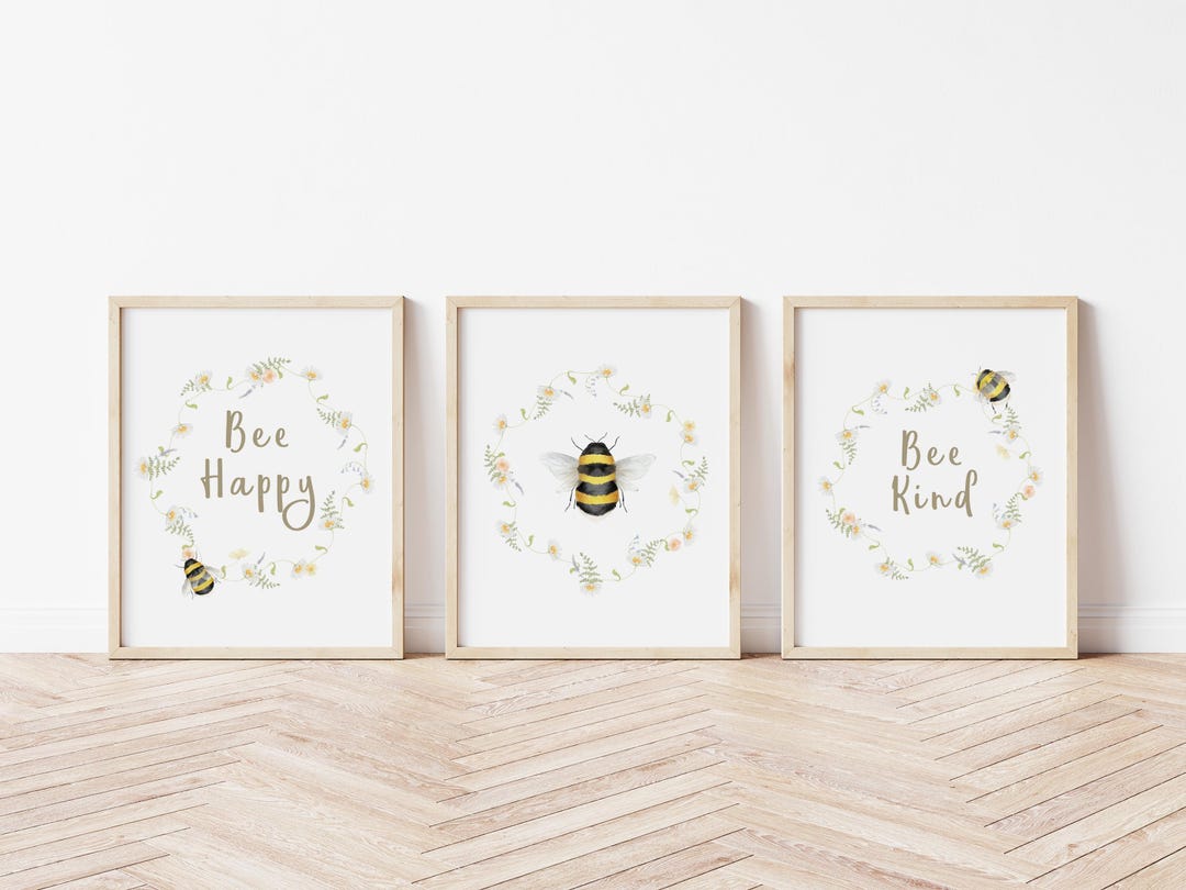 Bee Happy, Bee Kind Art Prints, Set of 3 Bumblebee Wall Art, Bee Decor ...