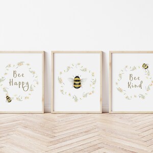 Bee Happy, Bee Kind Art Prints, Set of 3 Bumblebee Wall Art, Bee Decor ...