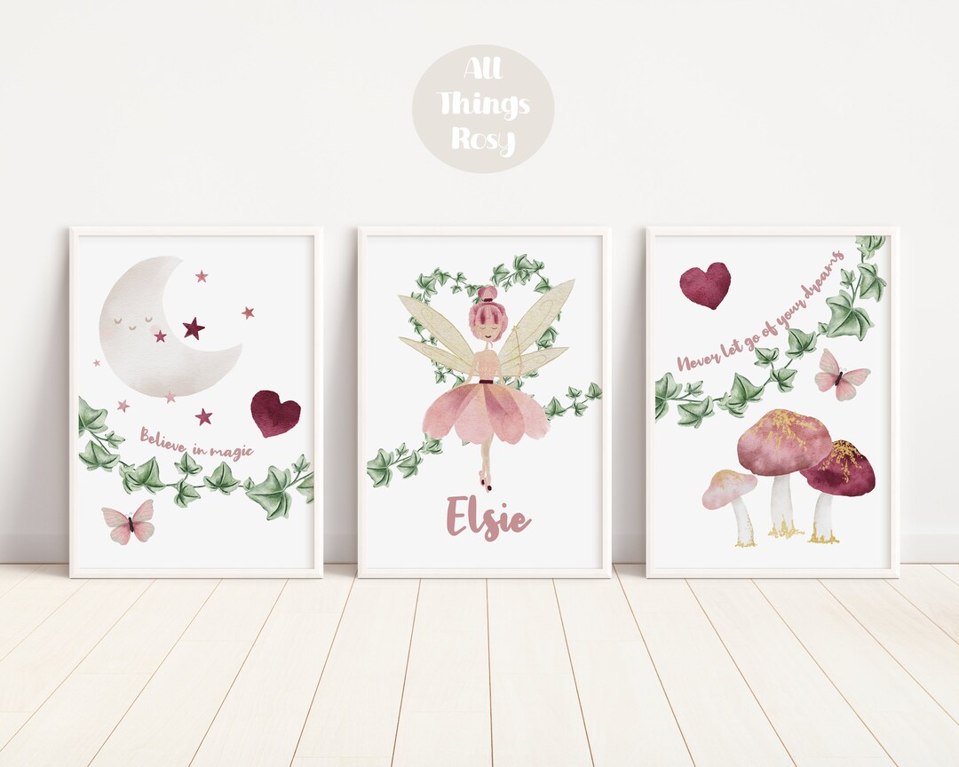 Personalised Fairy Print Set: Delightfully Pink/burgundy Nursery Decor ...